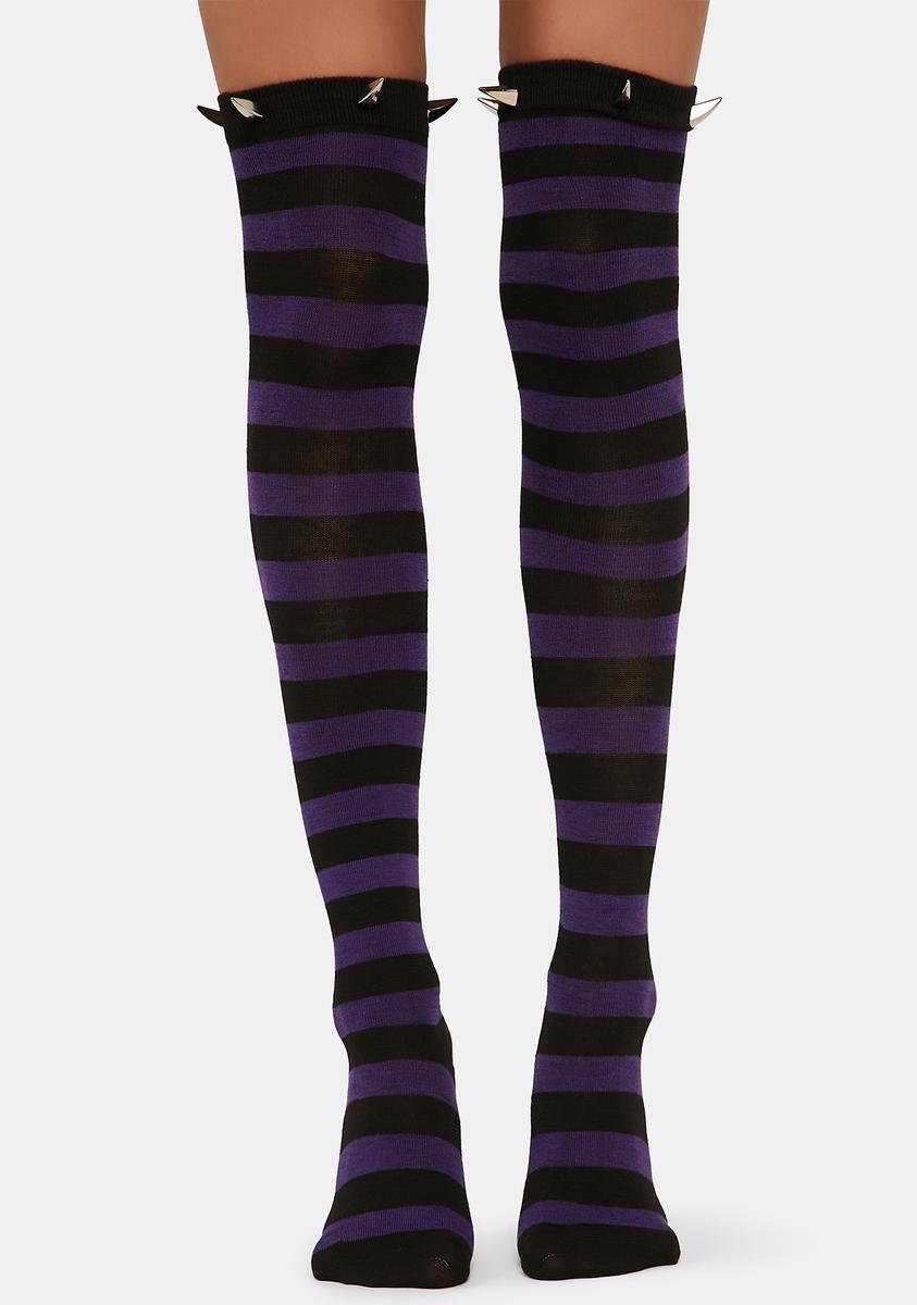 Striped Spiked Thigh High Socks - Purple – Dolls Kill