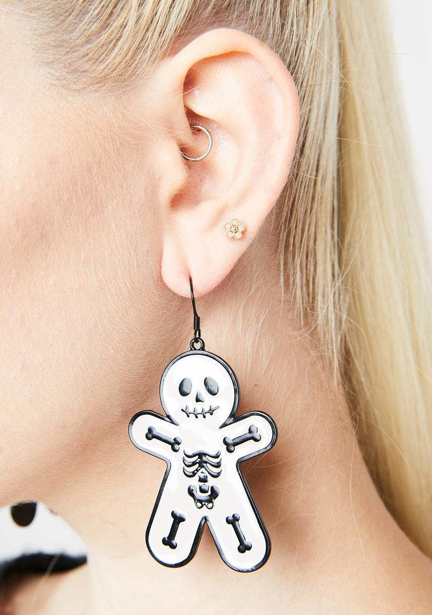 Skeleton Gingerbread Man Drop Earrings - White/Black – Dolls Kill