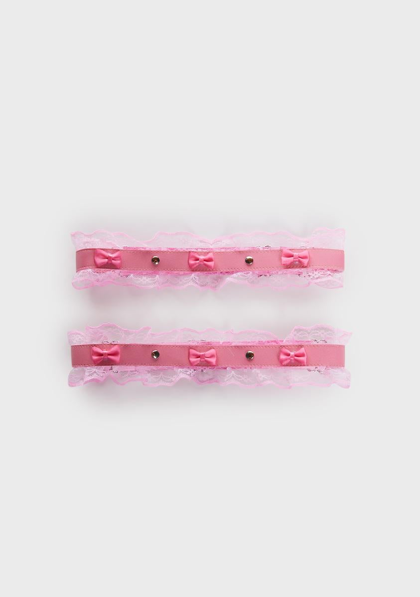 Vegan Leather Stud Bow Lace Garter Set - Pink – Dolls Kill