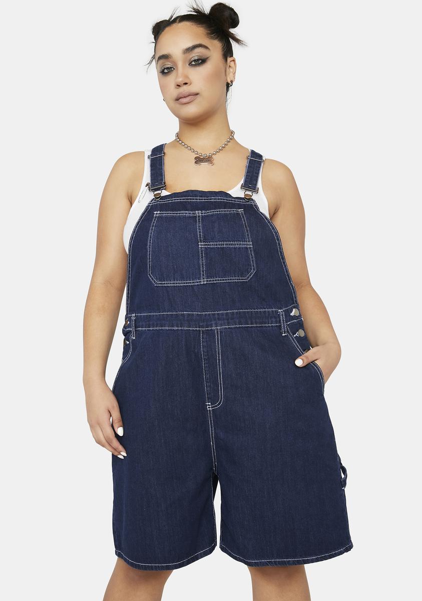 Plus Size Denim Contrast Stitching Utility Shortalls - Navy – Dolls Kill