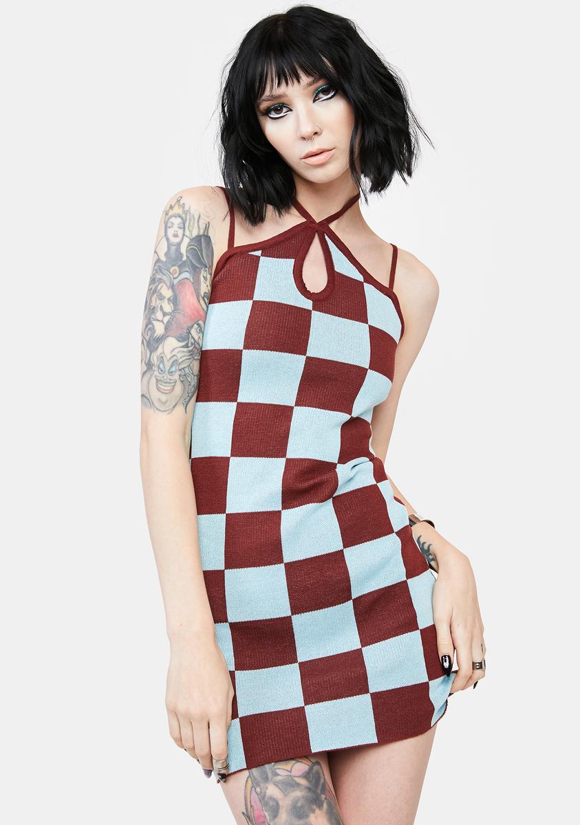 Keyhole Halter Neck Checkered Mini Dress - Blue/Brown – Dolls Kill