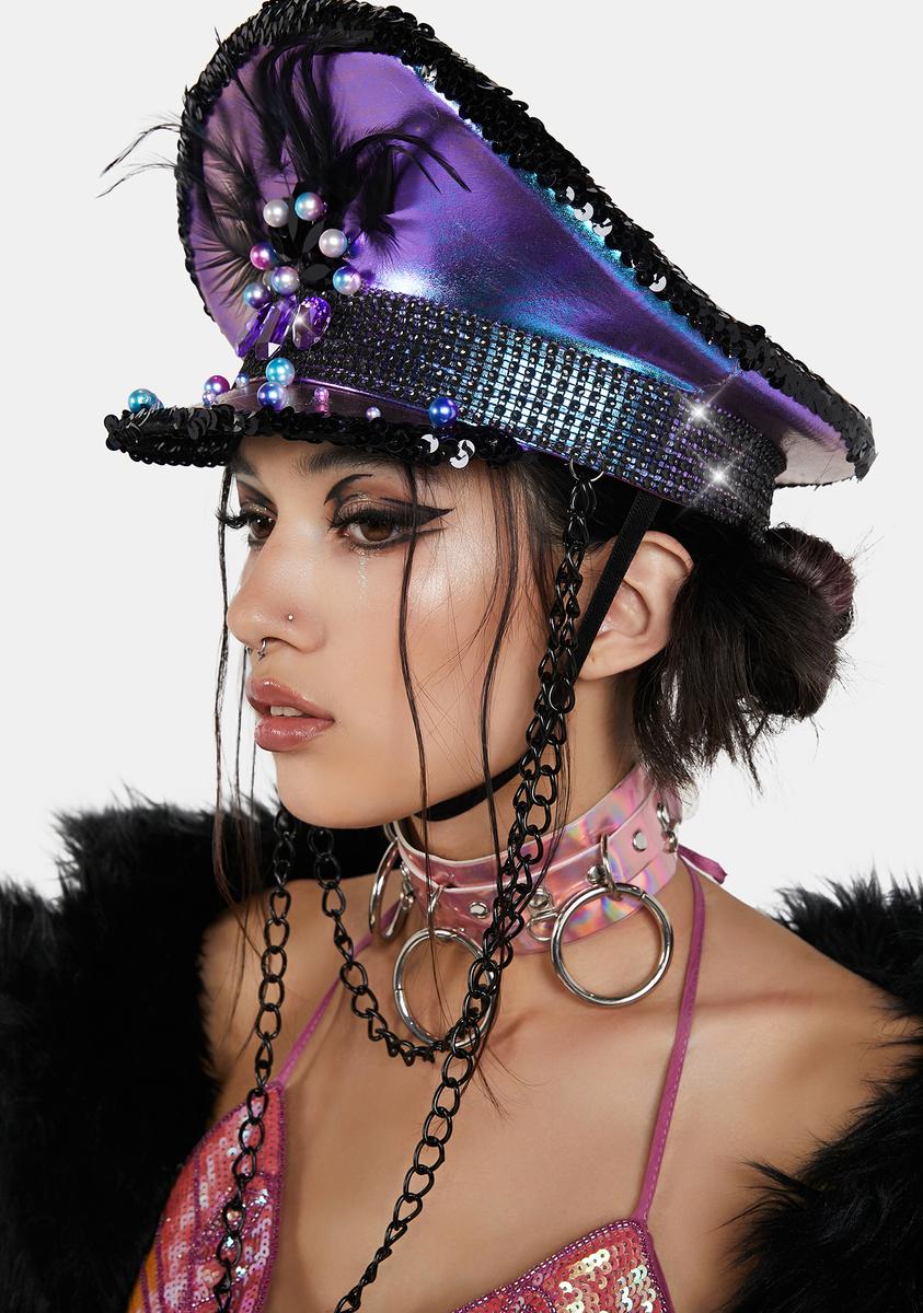 Sequin Rhinestone Pearl Chain Holographic Captain Hat - Purple – Dolls Kill