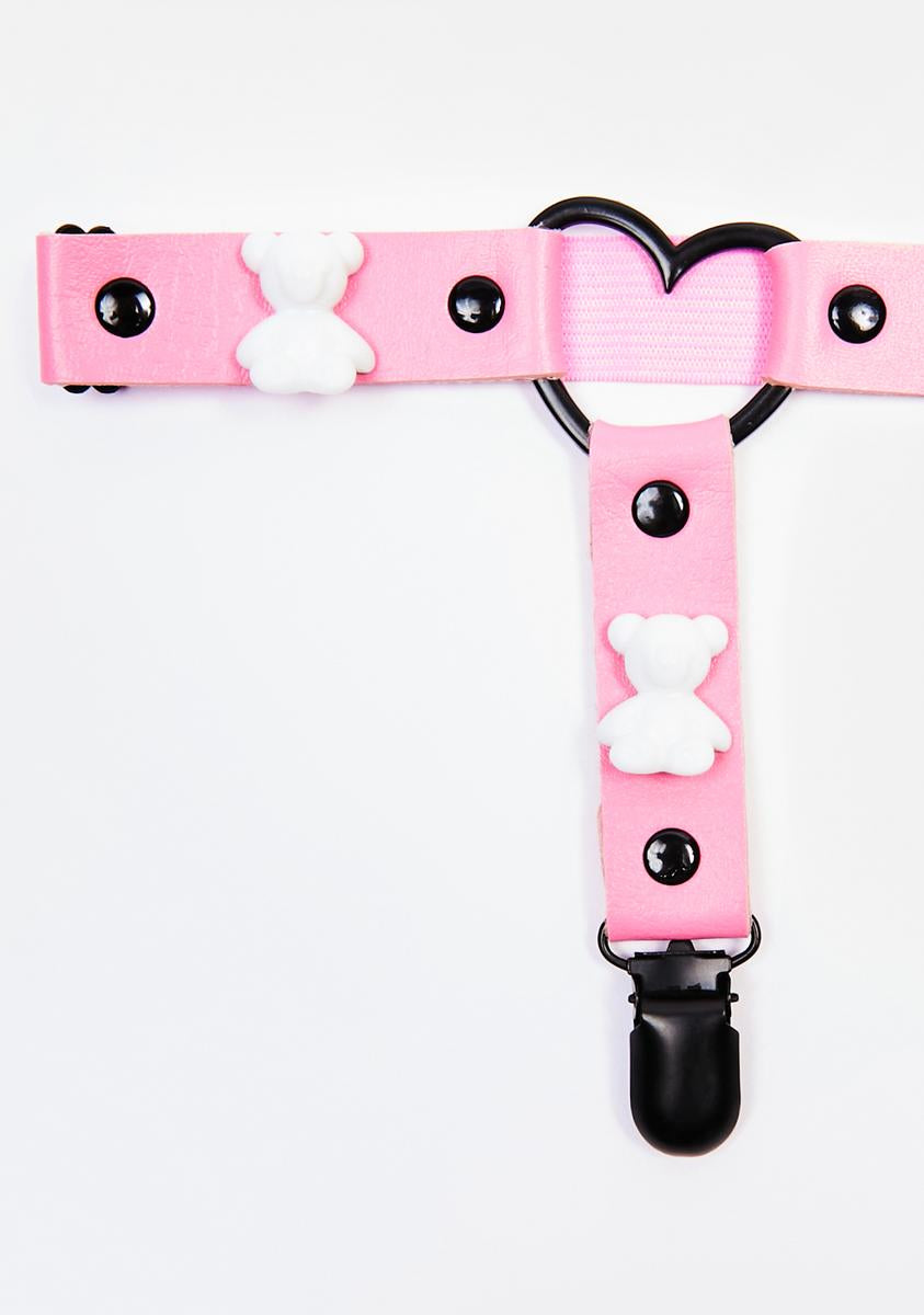 Faux Leather Heart O-Ring Bear Charm Garter Set - Pink – Dolls Kill