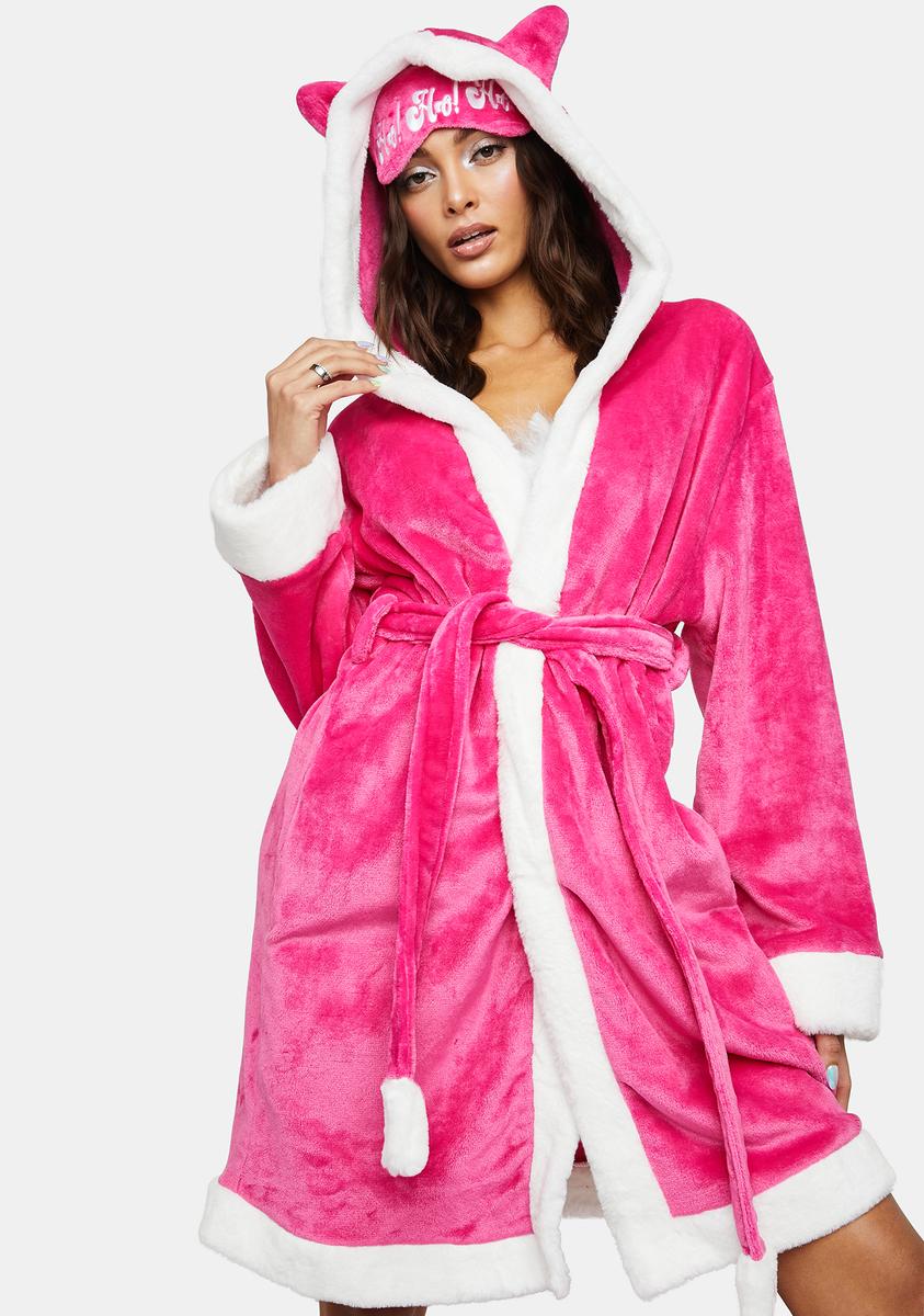 Club Exx Ho Ho Ho Plush Robe And Sleep Mask Set - Pink/White – Dolls Kill