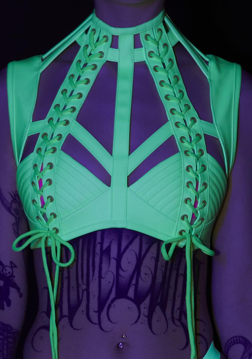 Club Exx Cut Out Lace Up Harness Bra Top - Glow In The Dark – Dolls Kill
