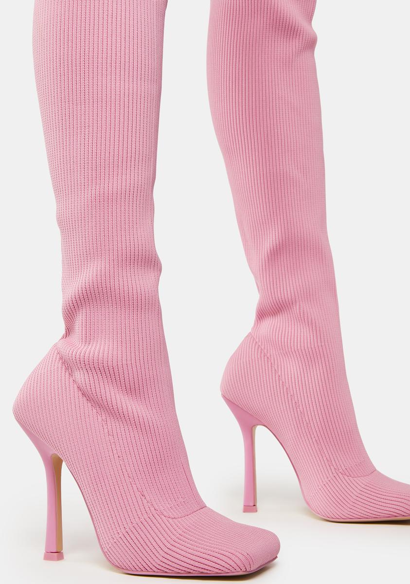 Public Desire Ribbed Knit Thigh High Heel Boots - Pink – Dolls Kill