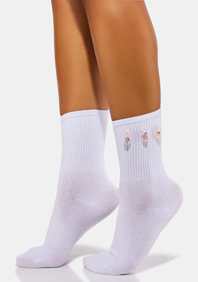 Ribbed Colorful Pill Charm Crew Socks - White – Dolls Kill