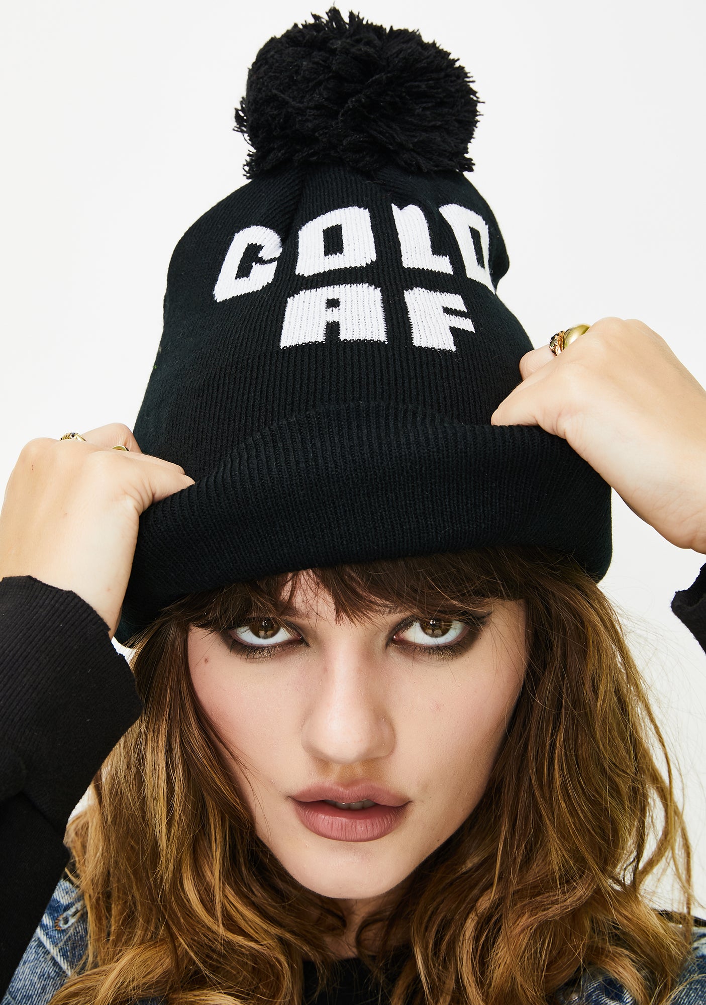 Cold AF Ribbed Knit Pom Pom Beanie Black White – Dolls Kill