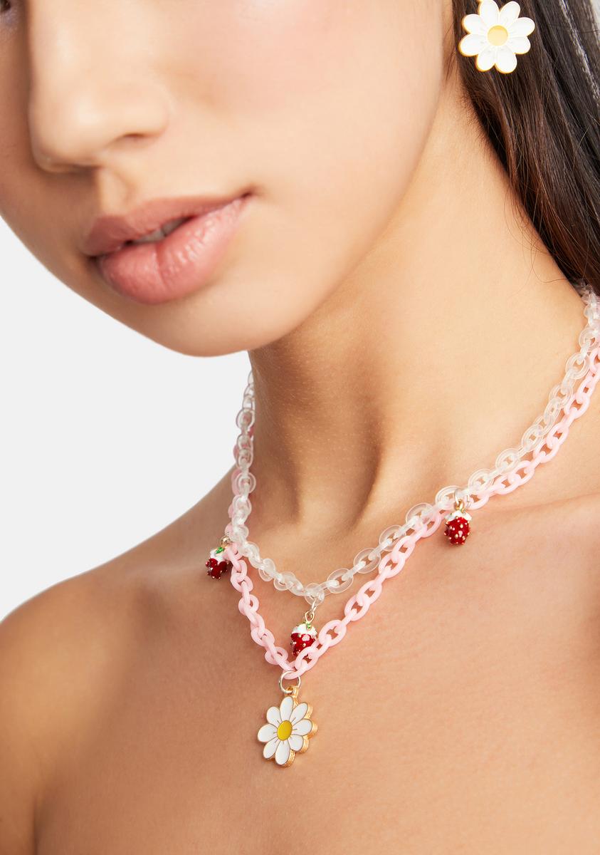 Daisy Strawberry Charms Layered Chain Link Necklace - Rainbow – Dolls Kill