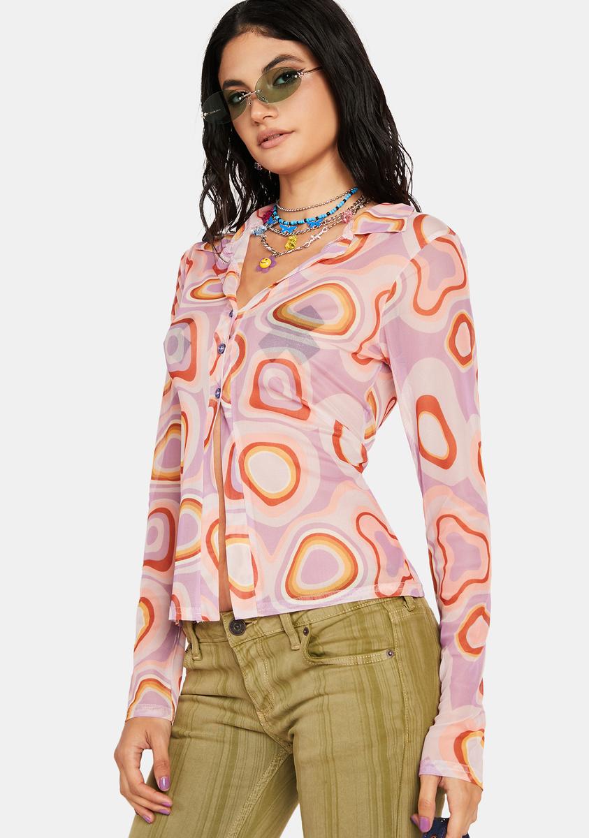 Another Reason Mesh Button Up Circle Swirl Print Top - Pink/Red – Dolls ...