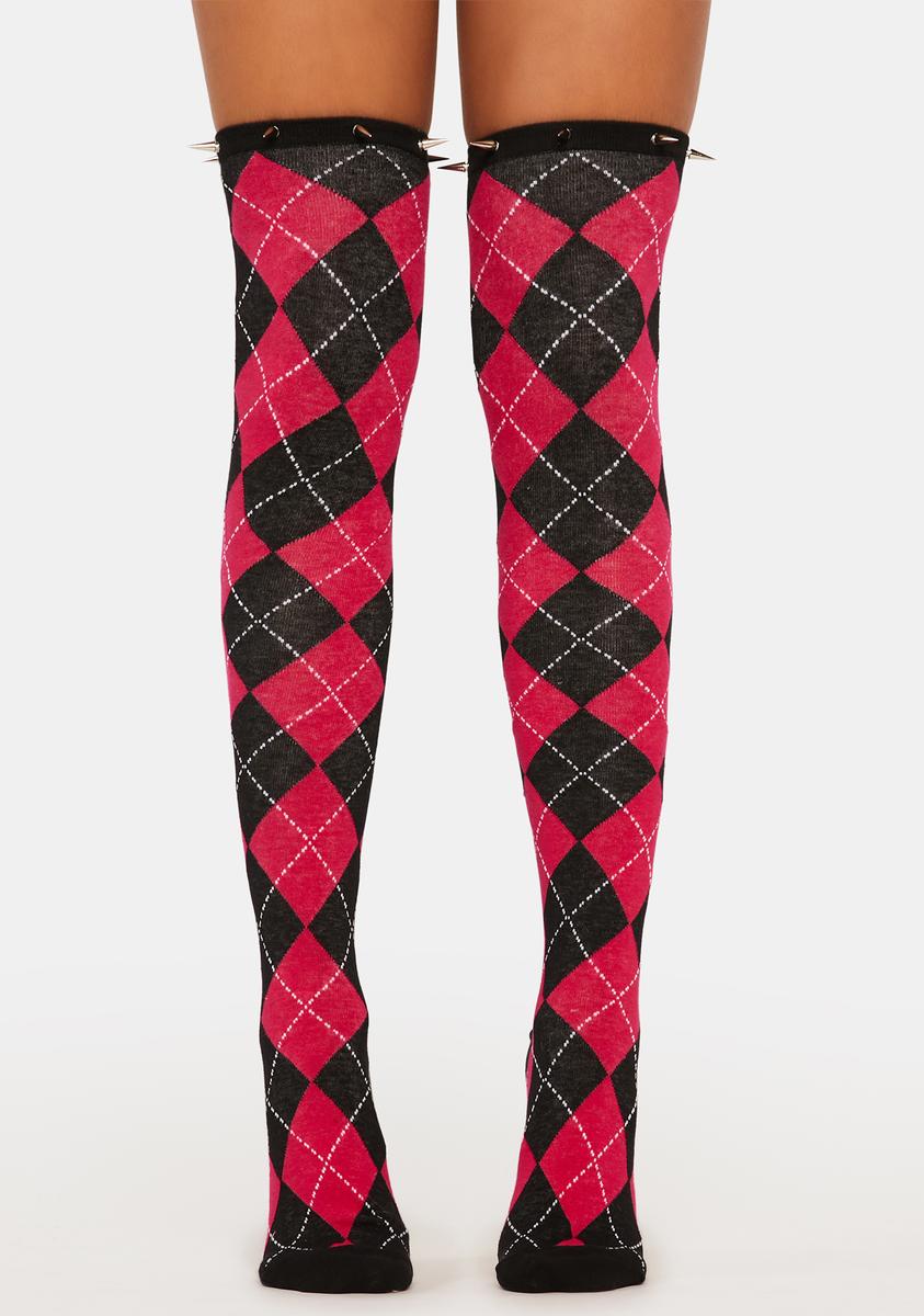 Argyle Spiked Stud Thigh-High Socks - Pink/Black – Dolls Kill