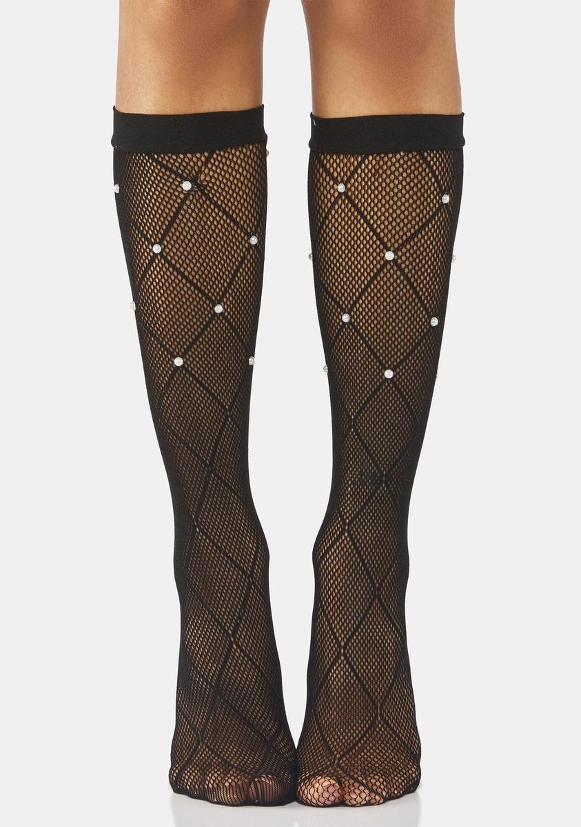 Rhinestone Pattern Fishnet Crew Socks - Black – Dolls Kill