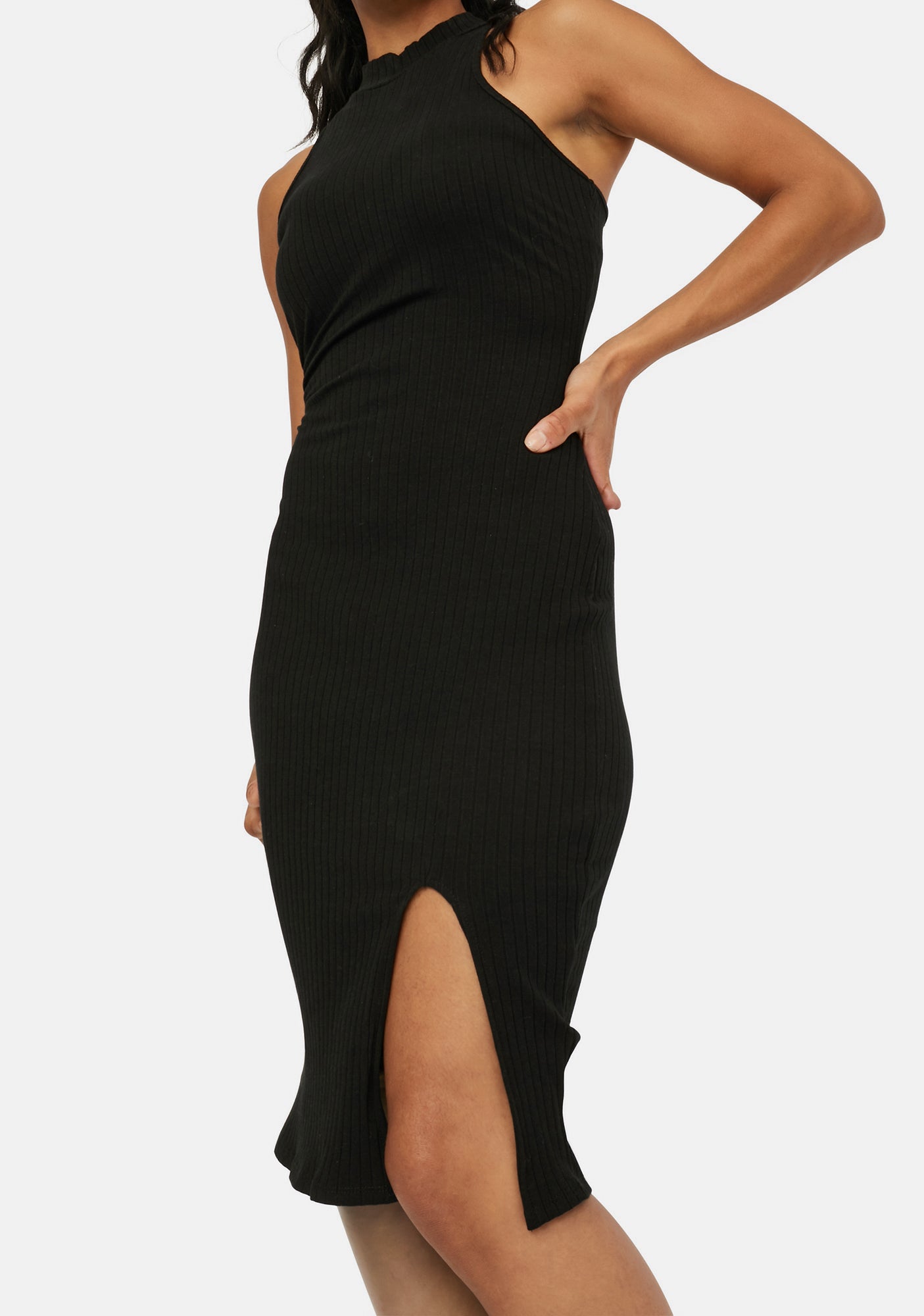 Knit High Neck Side Slit Mini Dress - Black – Dolls Kill