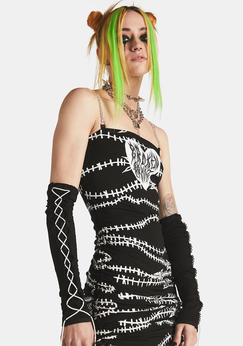 Dolls Kill X Broken Brainz Graphic Barbed Wire Square Neck Ruched Mini