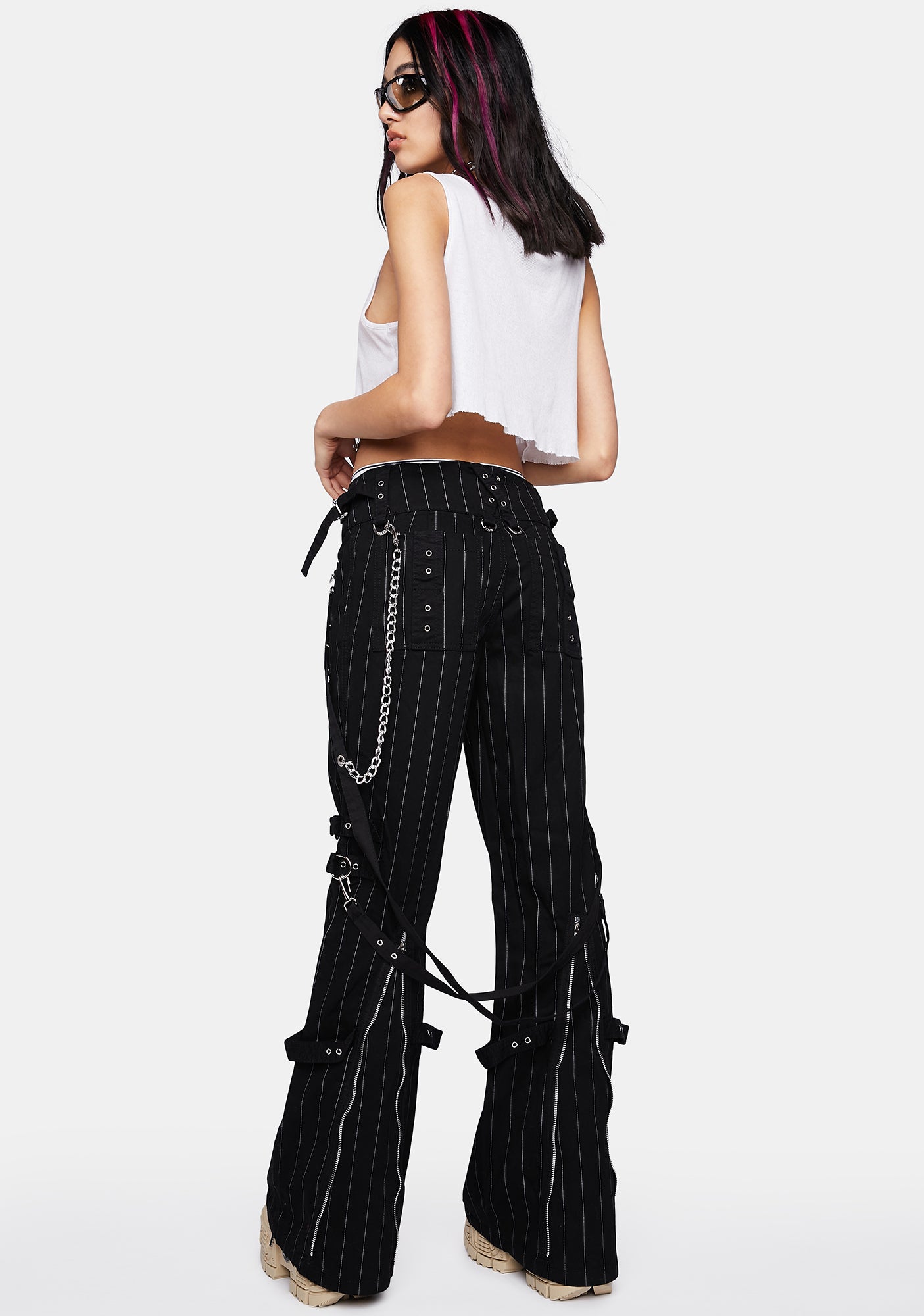 Tripp NYC Pinstripe D Ring Bondage Flare Pants – Dolls Kill