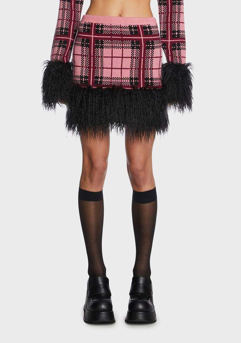 The Ragged Priest Fur Trim Plaid Knit Mini Skirt - Pink – Dolls Kill