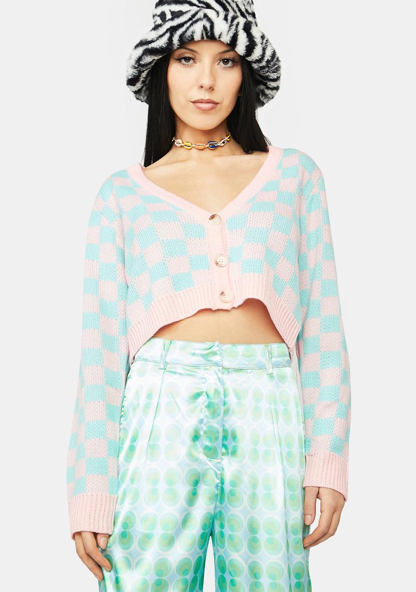 Checkered Print Knitted Crop V Neck Cardigan - Pink – Dolls Kill