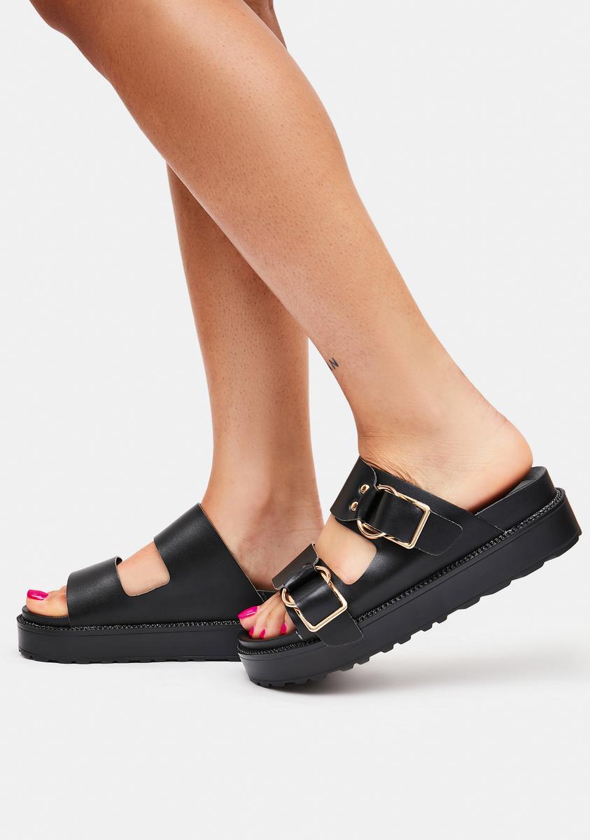 Double Strap O-Ring Platform Slide Sandals - Black – Dolls Kill