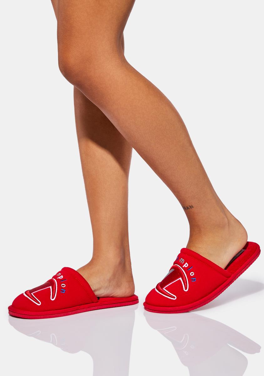 Champion Embroidered Cushion Slippers - Red – Dolls Kill
