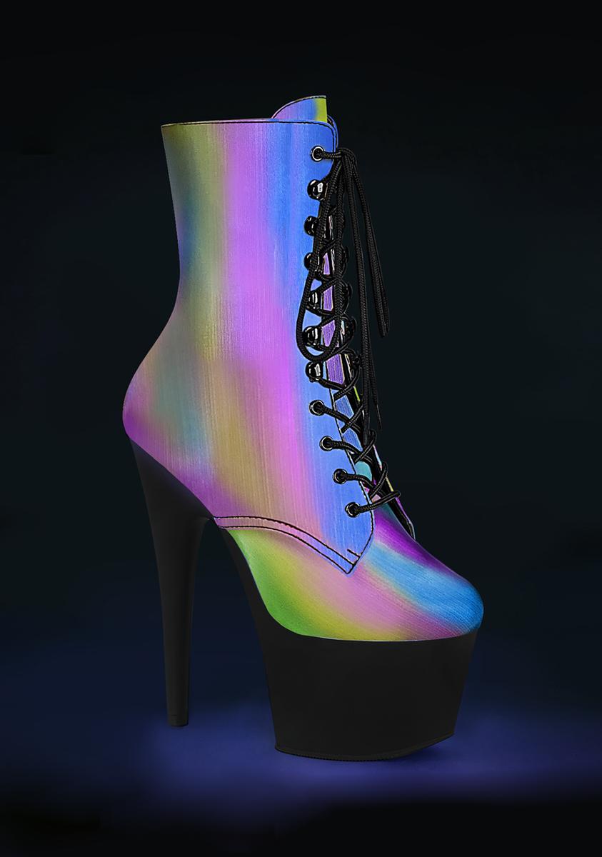Pleaser Chromatic Own The Spotlight Reflective Platform Boots – Dolls Kill