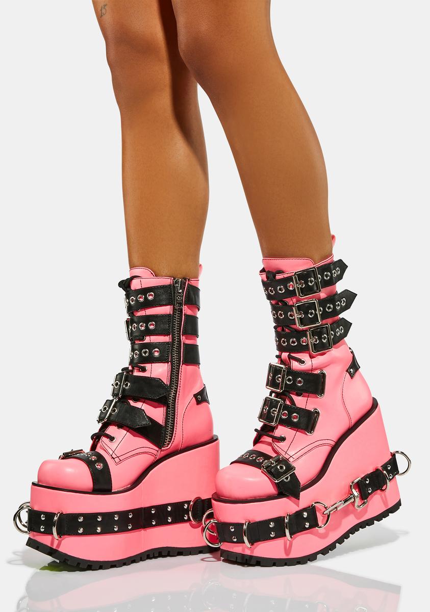 Current Mood Vegan Leather Contrast Buckle Wedge Boots - Pink – Dolls Kill