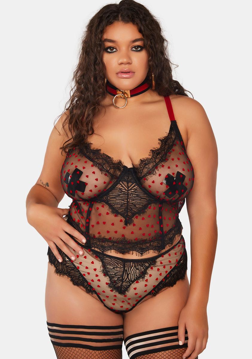 Plus Size Flocked Heart Print Sheer Bustier And Thong Panty Lingerie Set Blackred Dolls Kill