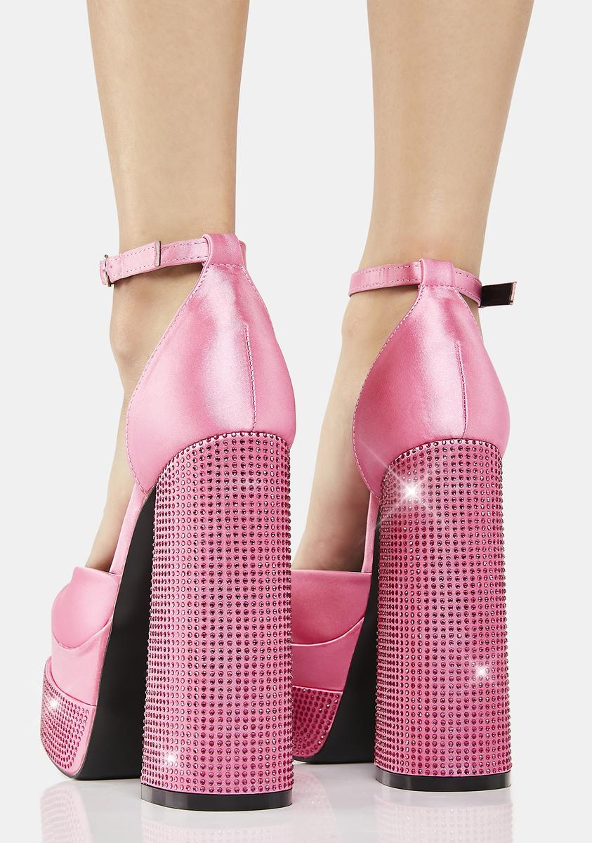 Satin Rhinestone Ankle Strap Heels - Pink – Dolls Kill
