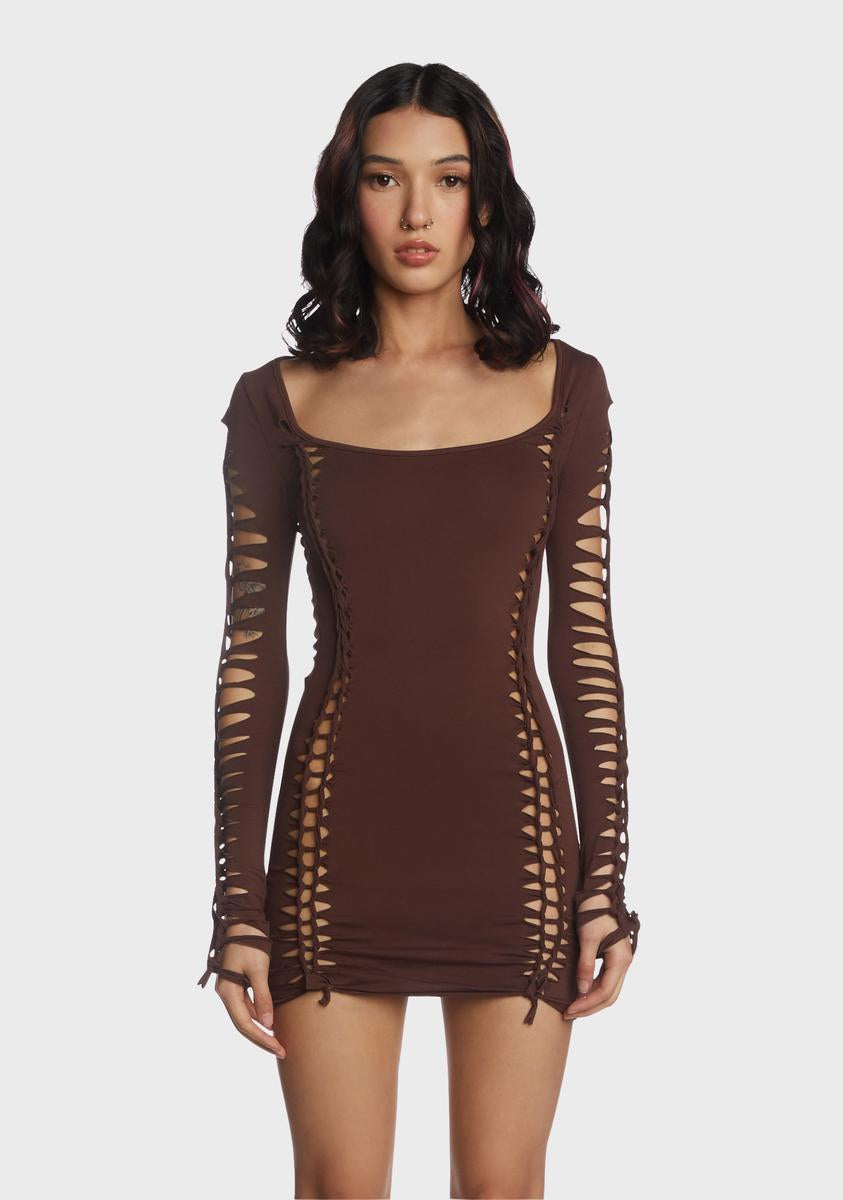 Current Mood Slashed Cut Out Long Sleeve Mini Dress - Brown – Dolls Kill