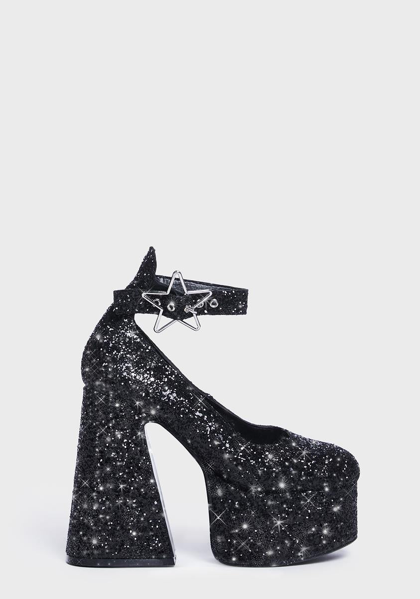 Lamoda Glitter Platform Star Buckle Heels - Black – Dolls Kill