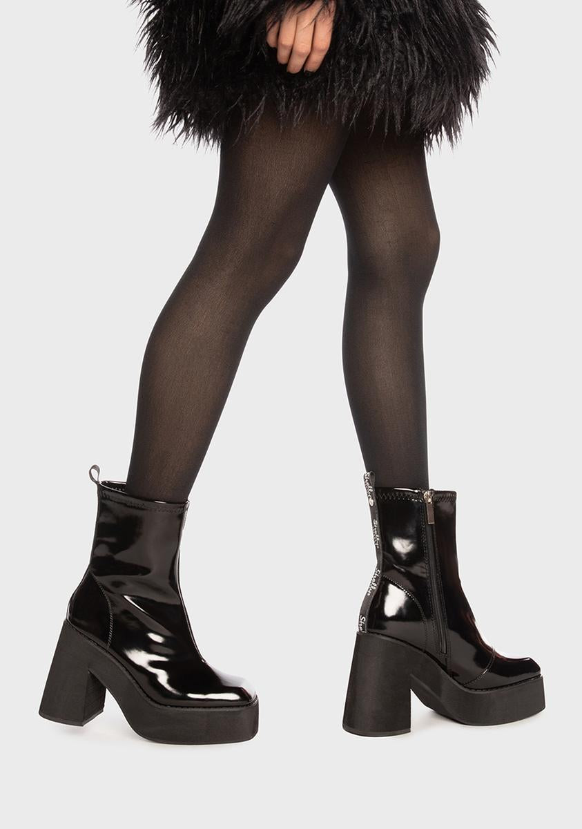 Shellys London Patent Vegan Leather Platform Heel Ankle Boots Black