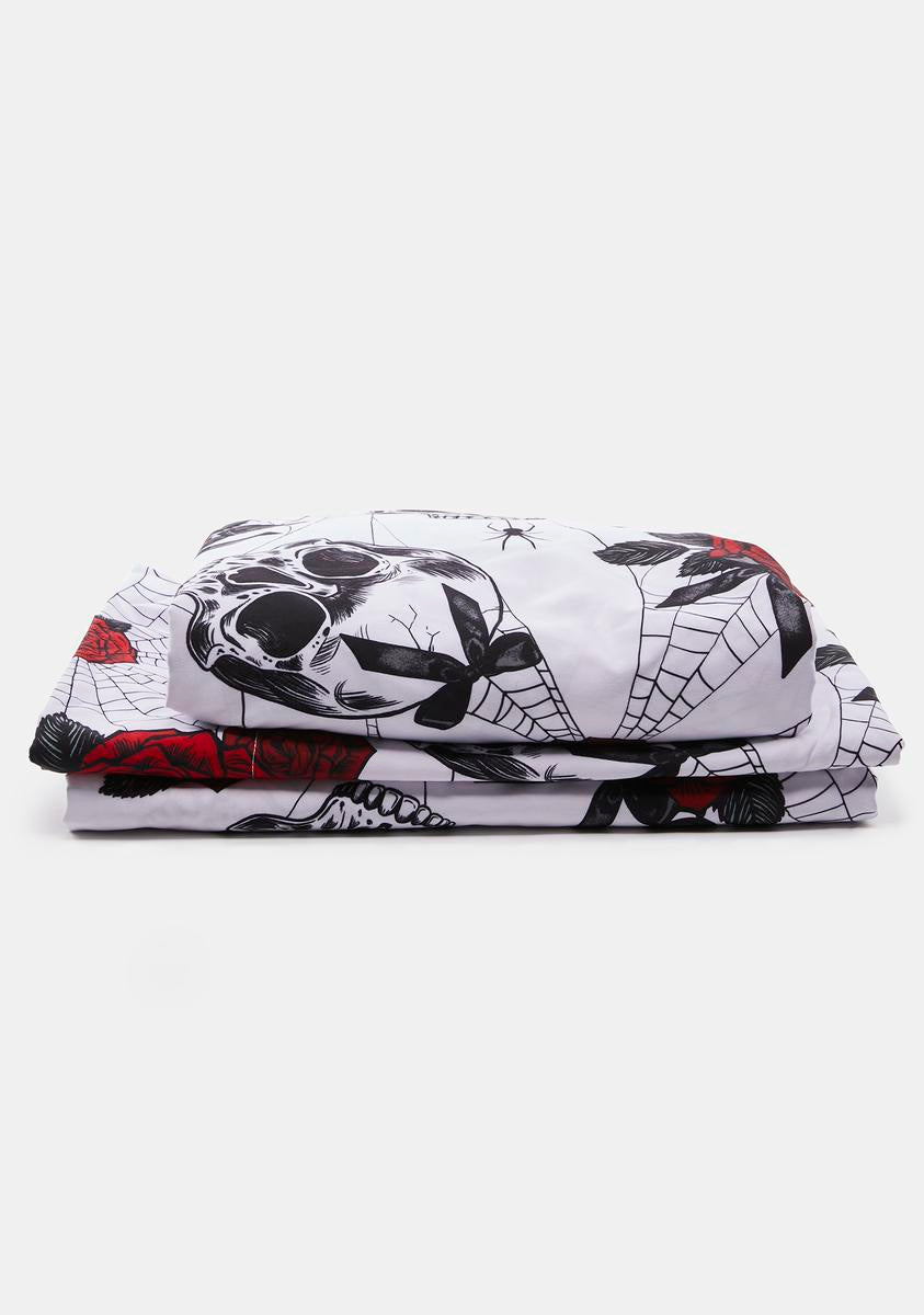 Dolls Home Skull Rose Spider Print Sheet Set - White/Black – Dolls Kill