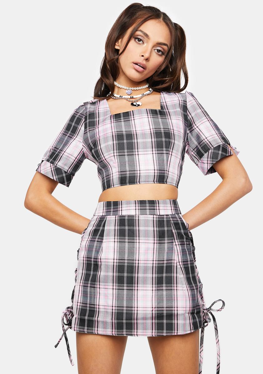 Plaid Square Neck Puff Sleeve Lace Up Mini Skirt Set - Pink/Black ...