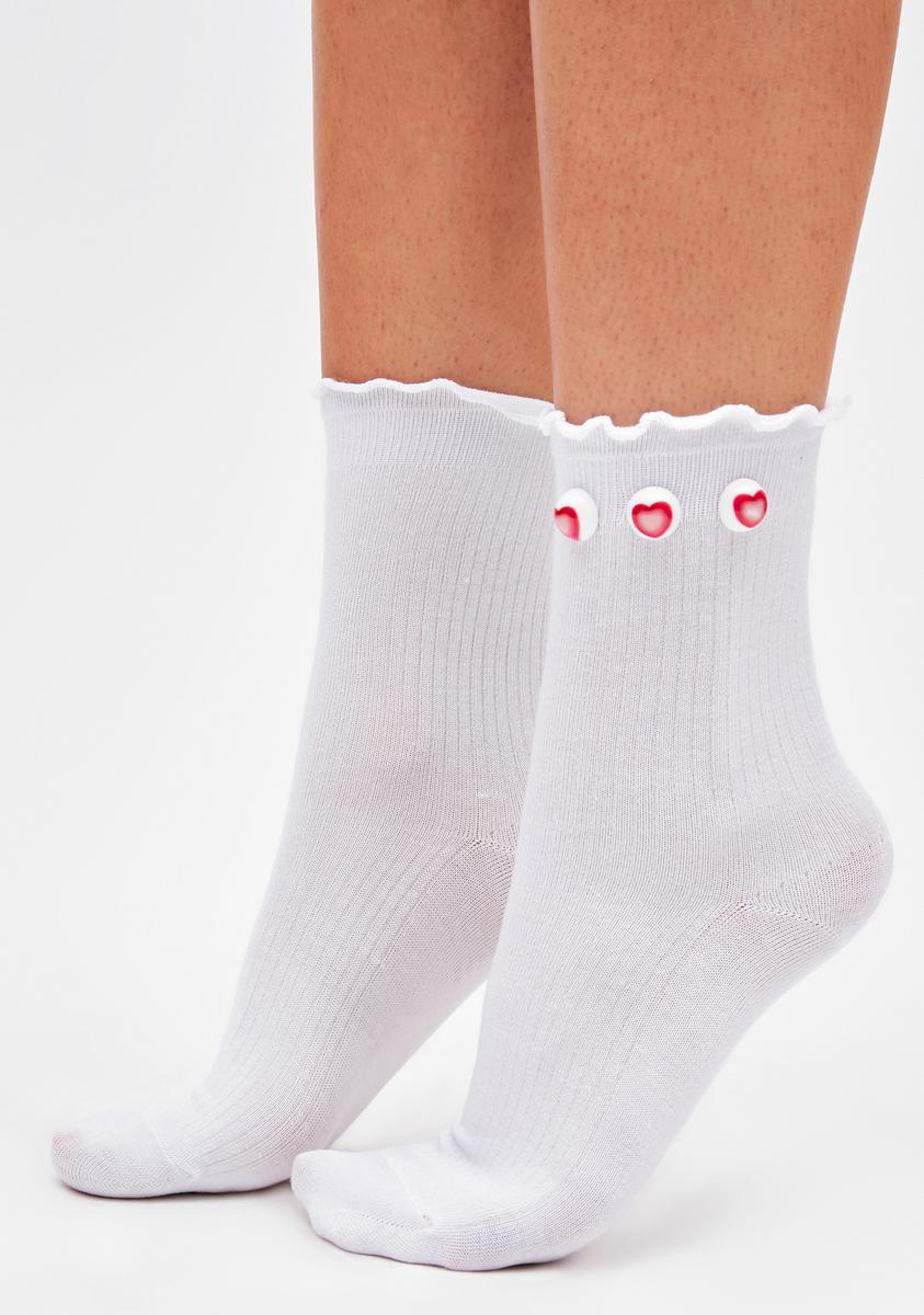 Ribbed Crew Socks With Heart Studs - White – Dolls Kill