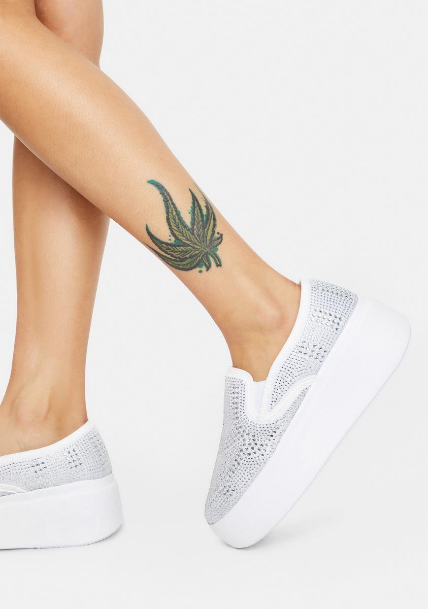 Rhinestone Slip On Platform Sneakers - White/Silver – Dolls Kill