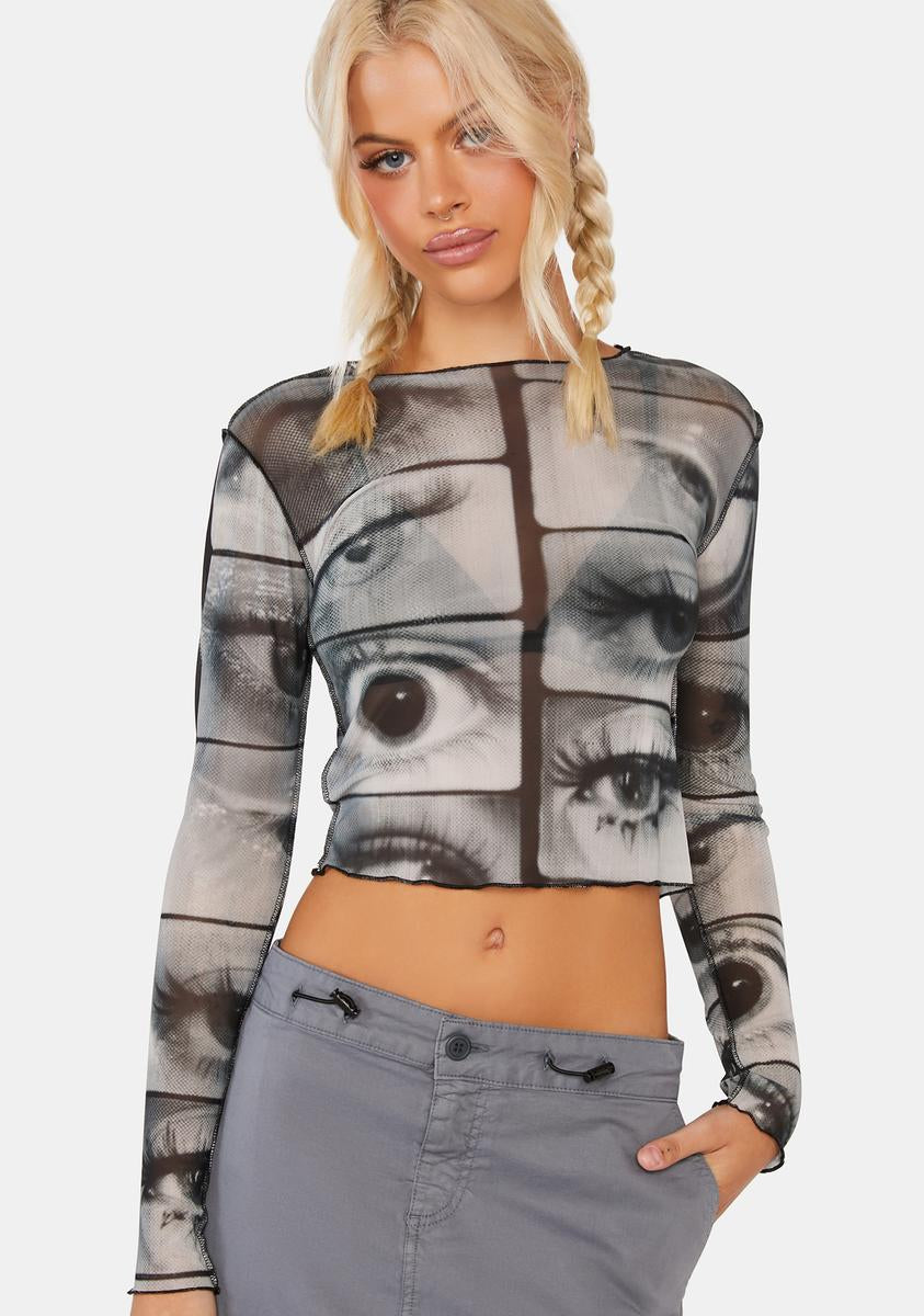 Minga Eye Print Mesh Crop Top - Grey – Dolls Kill