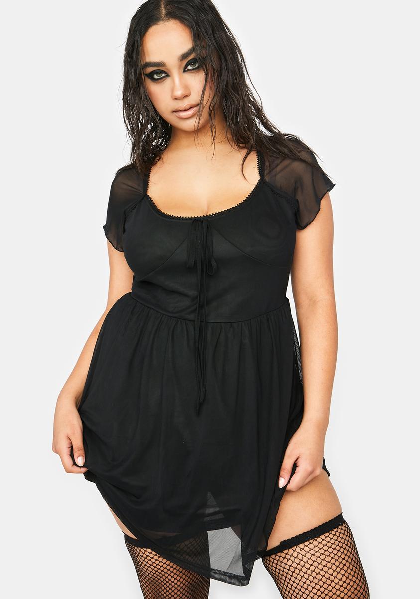 Plus Size Mesh Front Tie Short Sleeve Mini Dress - Black – Dolls Kill