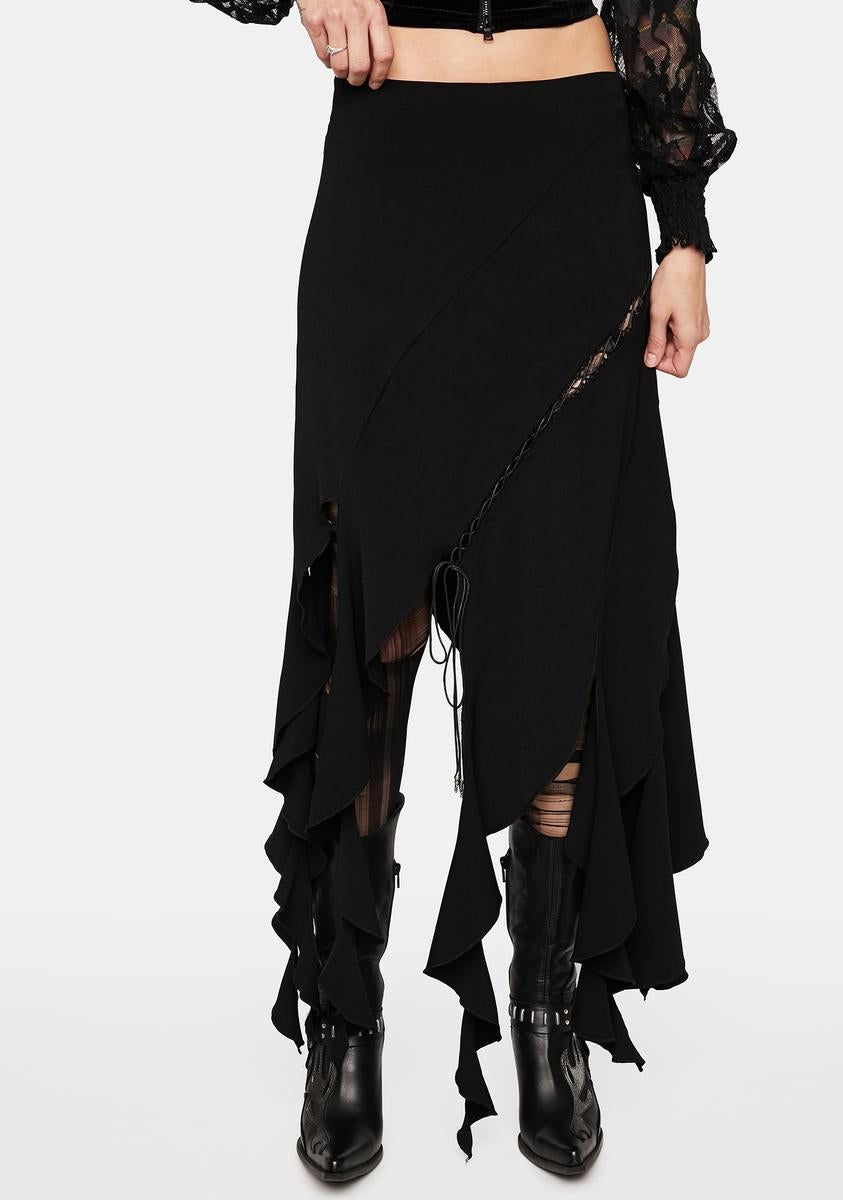 Punk Rave Lace-Up Ruffle Asymmetrical Midi Skirt - Black – Dolls Kill