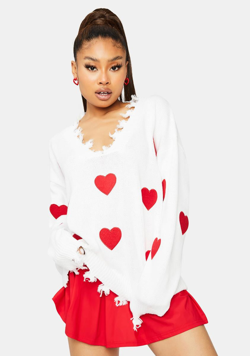 Long Sleeve Embroidered Heart Patch Detail Sweater - Red – Dolls Kill