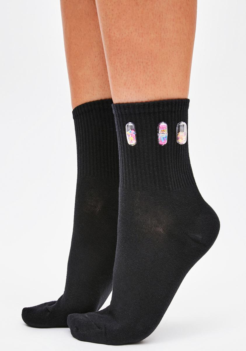 Ribbed Colorful Pill Charm Crew Socks - Black – Dolls Kill