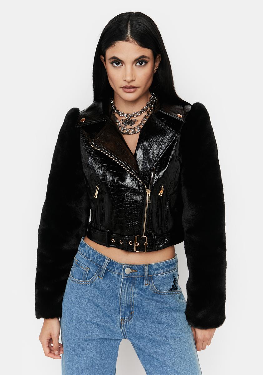Vegan Leather Faux Fur Sleeve Jacket - Black – Dolls Kill