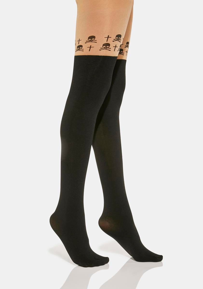 Skull Cross Print Two Tone Thigh High Stockings – Dolls Kill