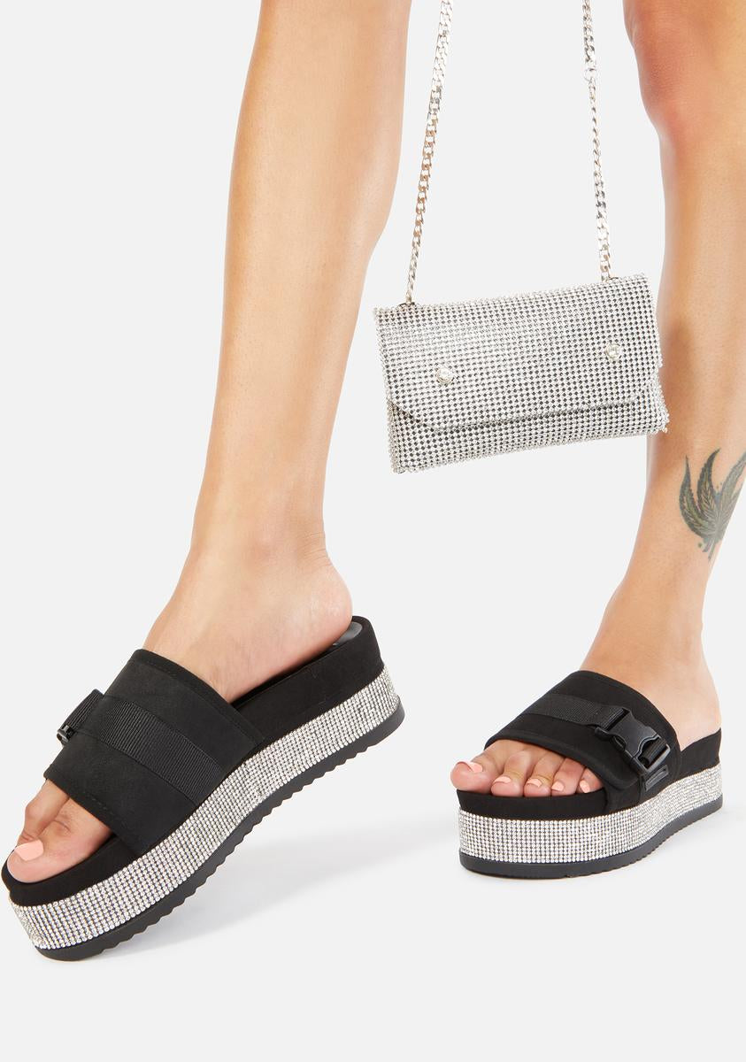 Rhinestone Buckle Strap Platform Slides - Black – Dolls Kill