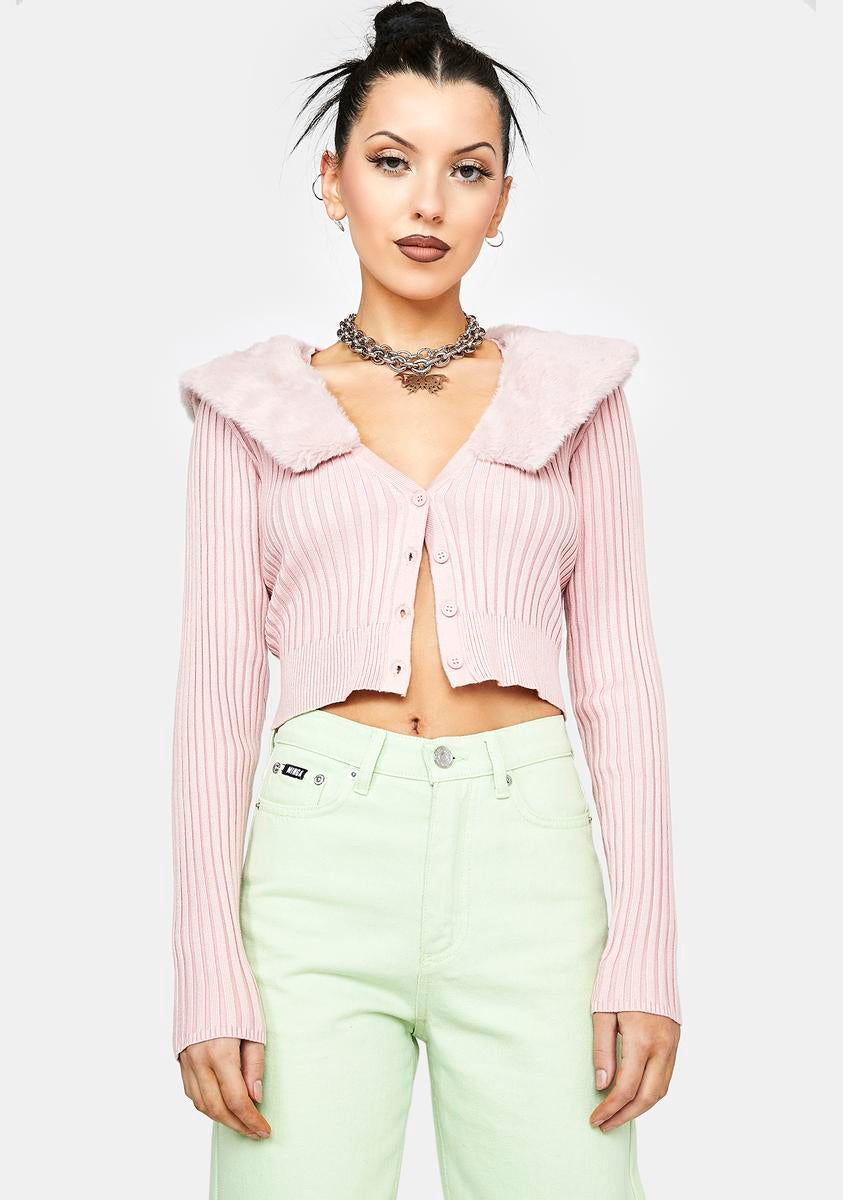 Faux Fur Collar Ribbed Crop Cardigan - Pink – Dolls Kill