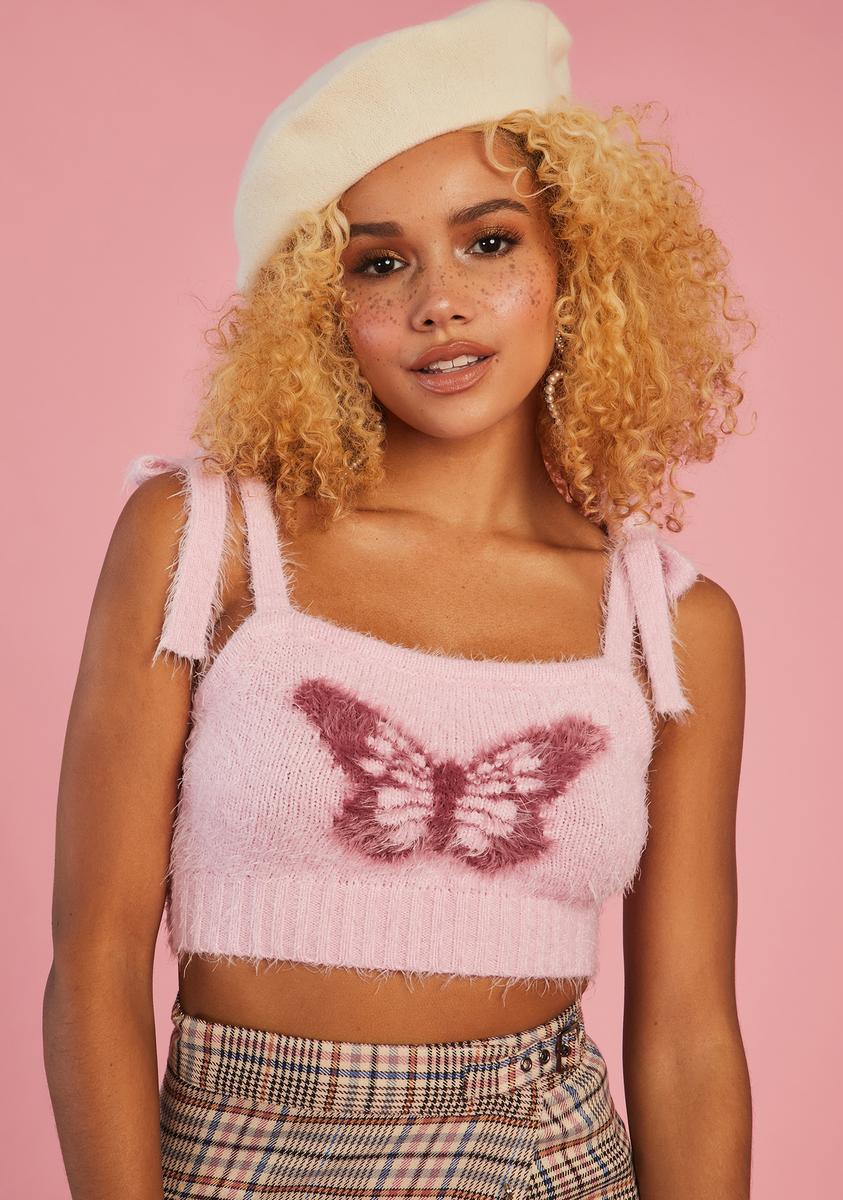 Sugar Thrillz Butterfly Print Fuzzy Tank Top - Pink – Dolls Kill