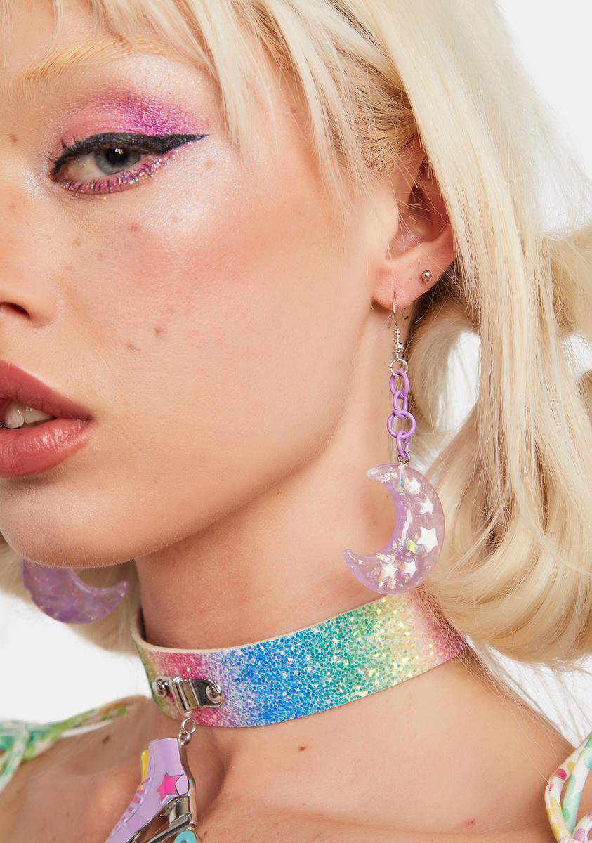 Glitter Moon Chain Drop Earrings - Purple – Dolls Kill