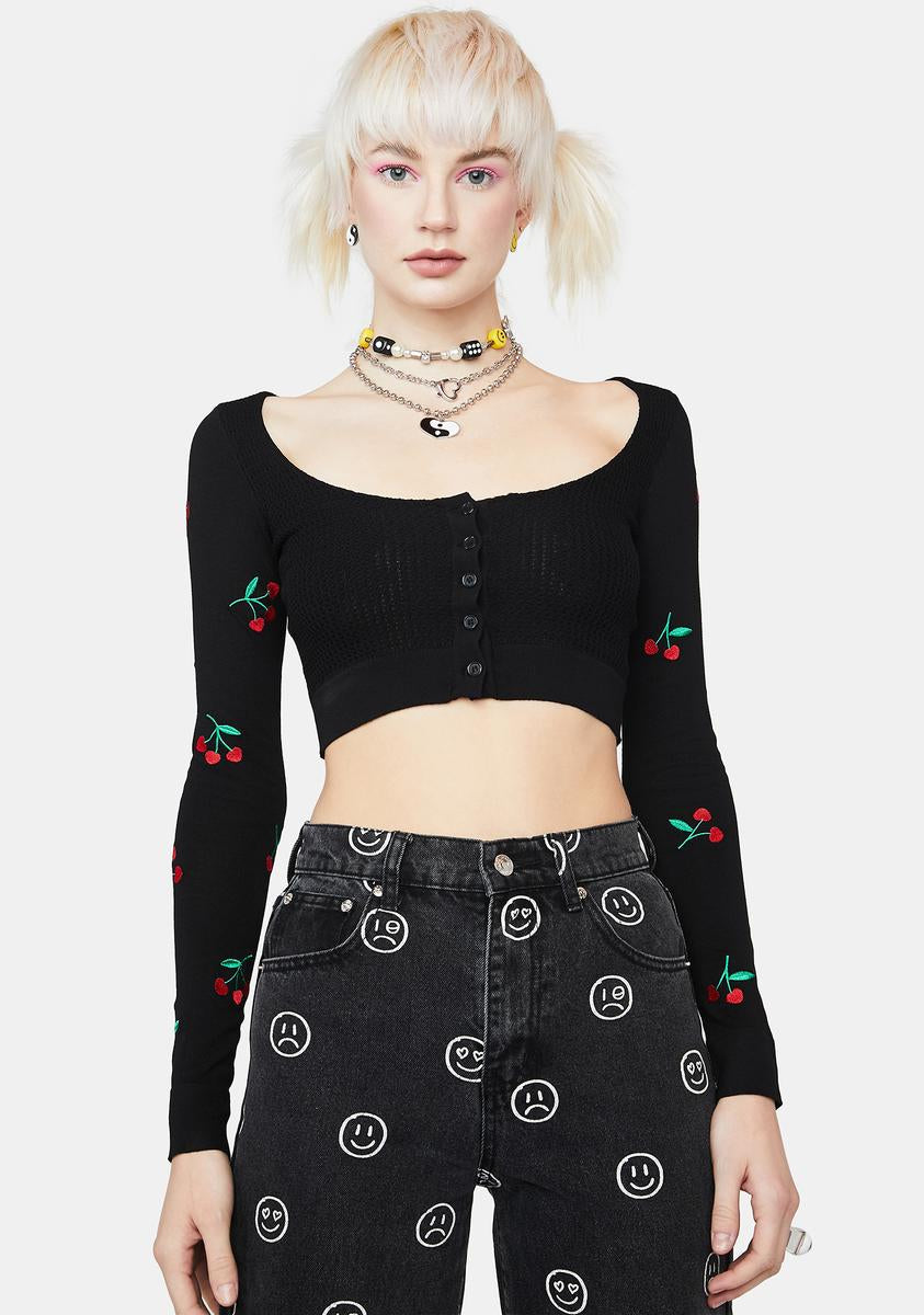 Knit Cherry Cropped Cardigan - Black – Dolls Kill