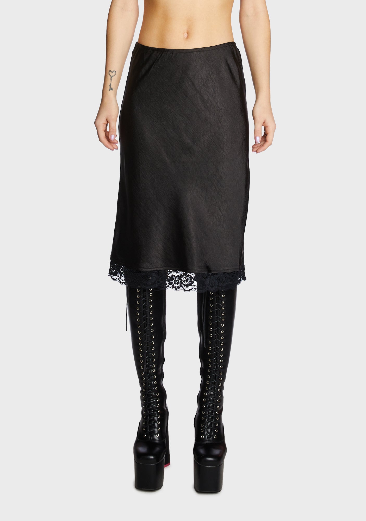 Motel Midi Skirt - Satin Pearled Black With Lace – Dolls Kill