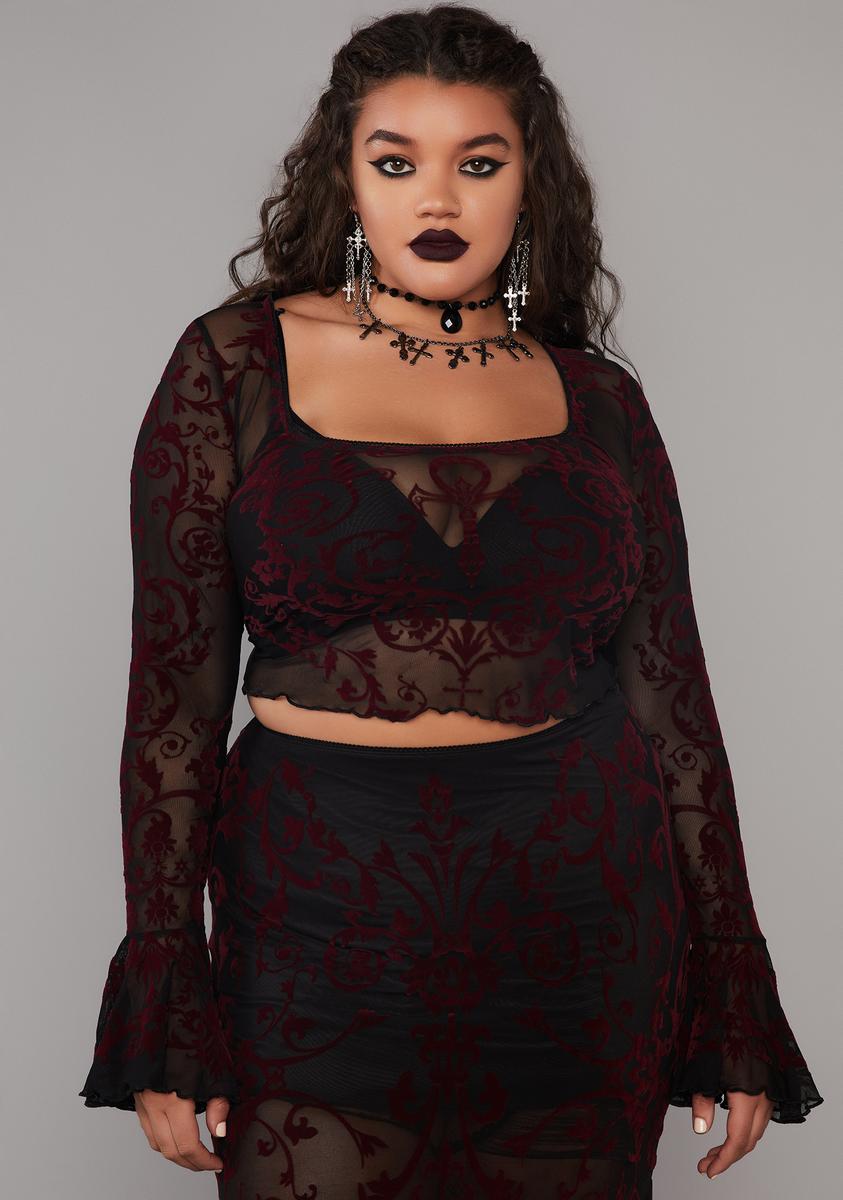 Plus Size Widow Sheer Mesh Flocked Crop Top - Dark Purple – Dolls Kill