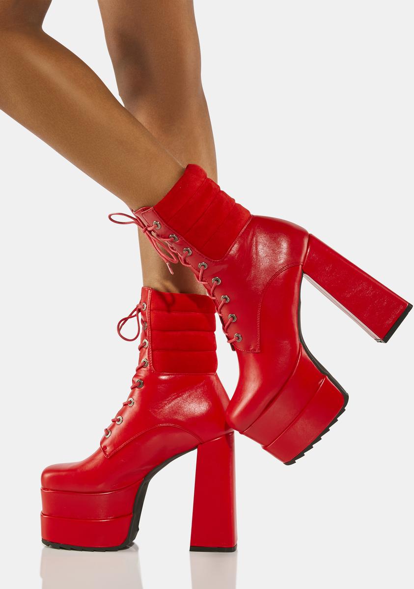 Lamoda Platform Heel Lace Up Vegan Leather Ankle Boots - Red – Dolls Kill