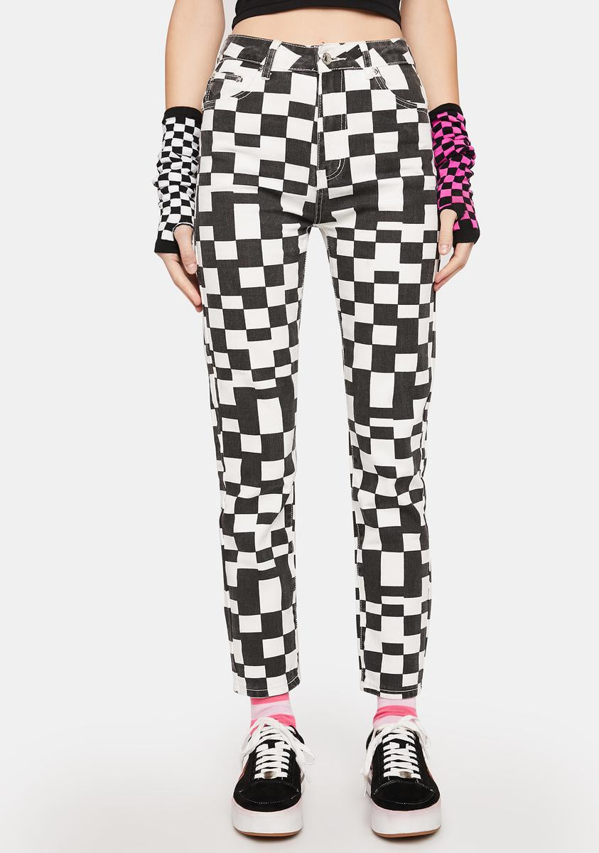Edikted Checkered Print Jeans - Black/White – Dolls Kill